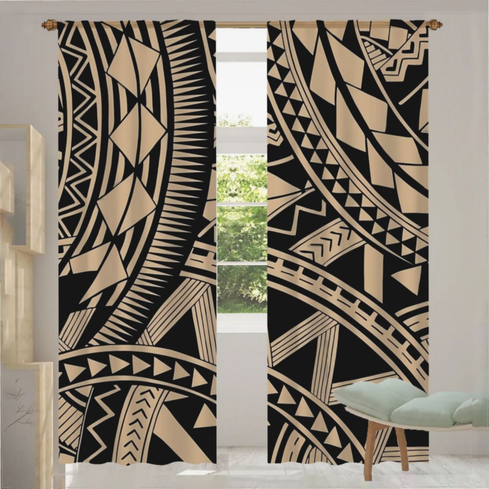 Polynesian Samoan Tattoo Black Tan Design Sheer Window Curtains for ...