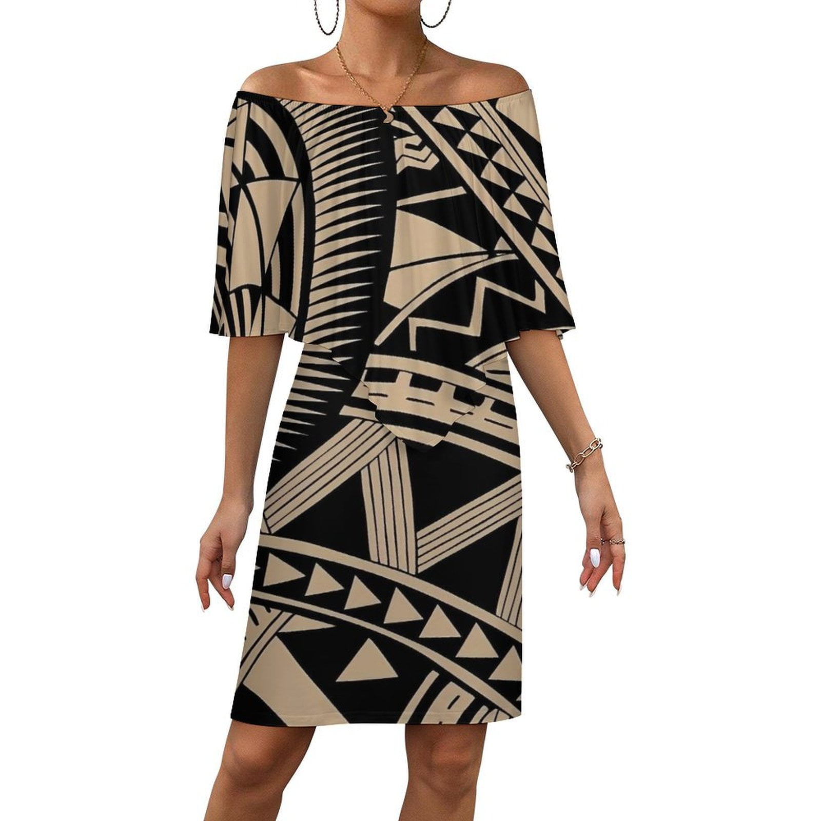 Polynesian Samoan Tattoo Black Tan Design Women's Off The Shoulder ...