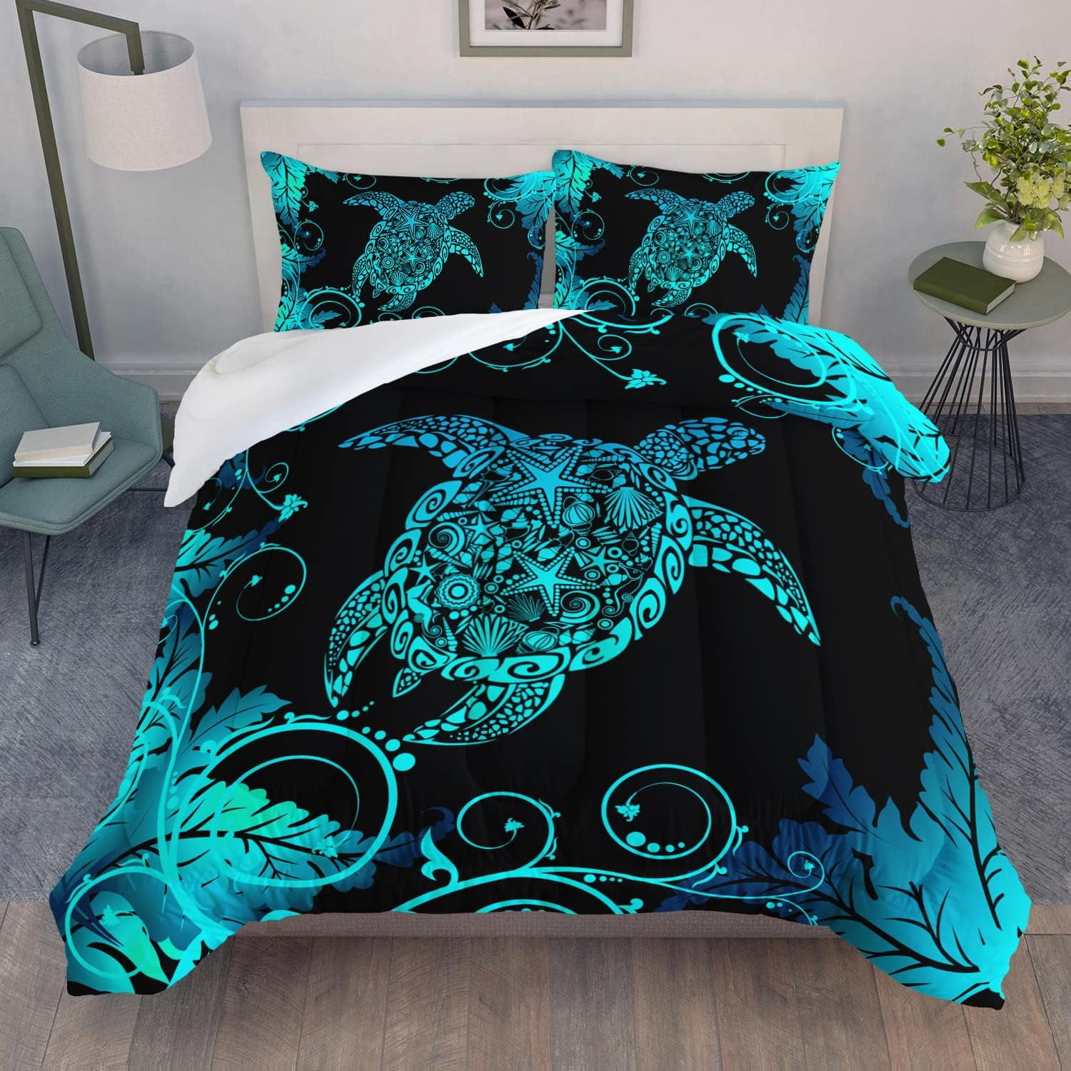Polynesian Sea Turtle Comforter Set Full Size, Dreamy Aqua Blue Bedding ...