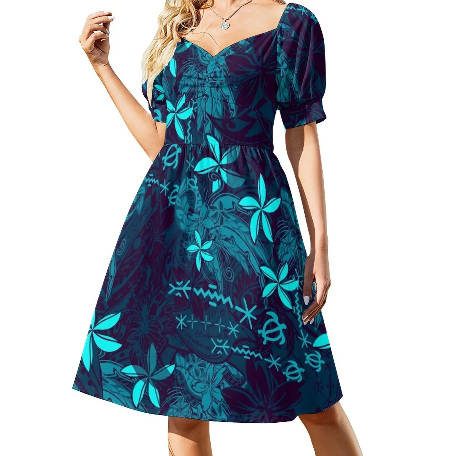 Polynesian Teal Tribal Leaf And Floral Printed Sleeveless Dress Women's ...