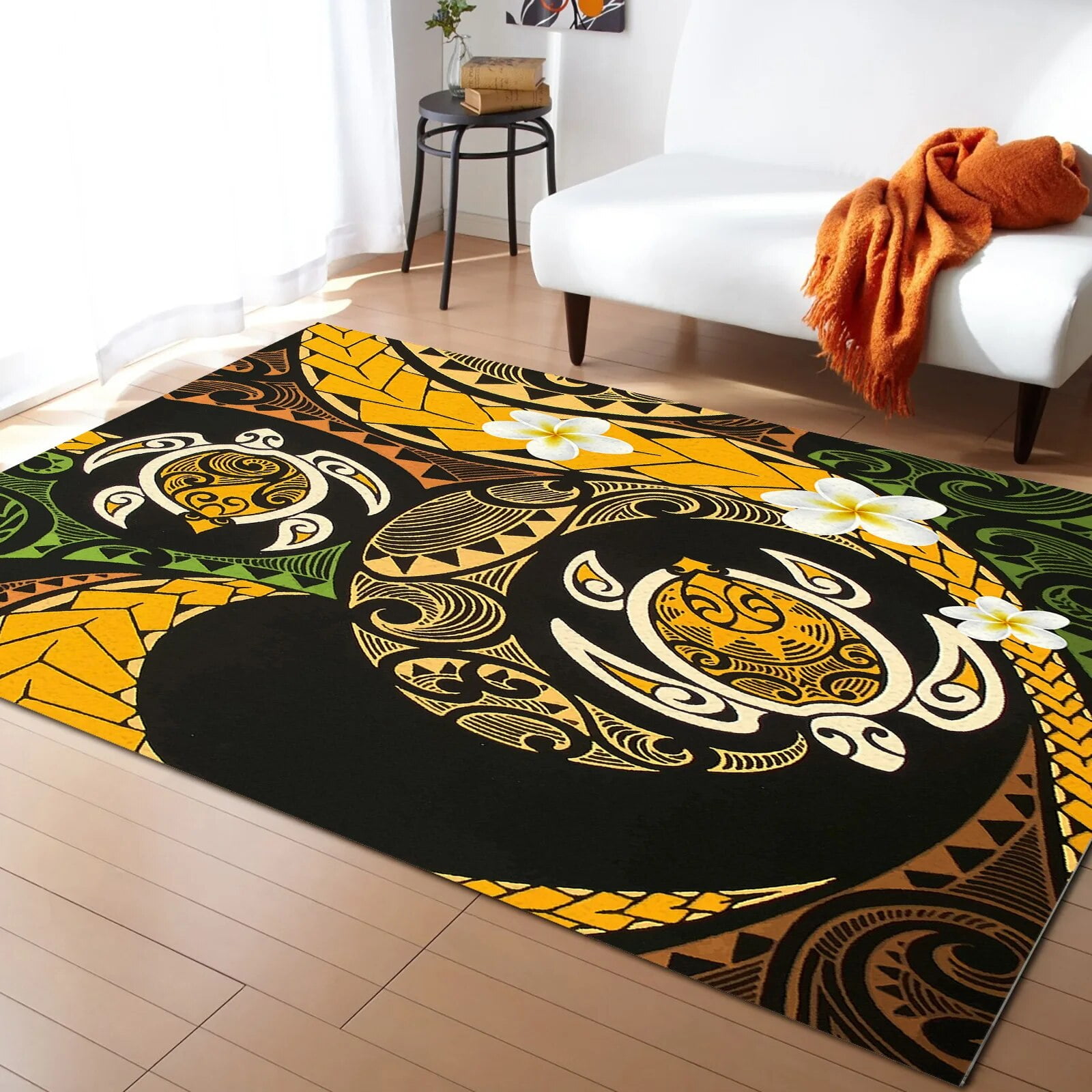 Polynesian Texture Flowers Living Room Carpet Coffee Table Floor Mat ...