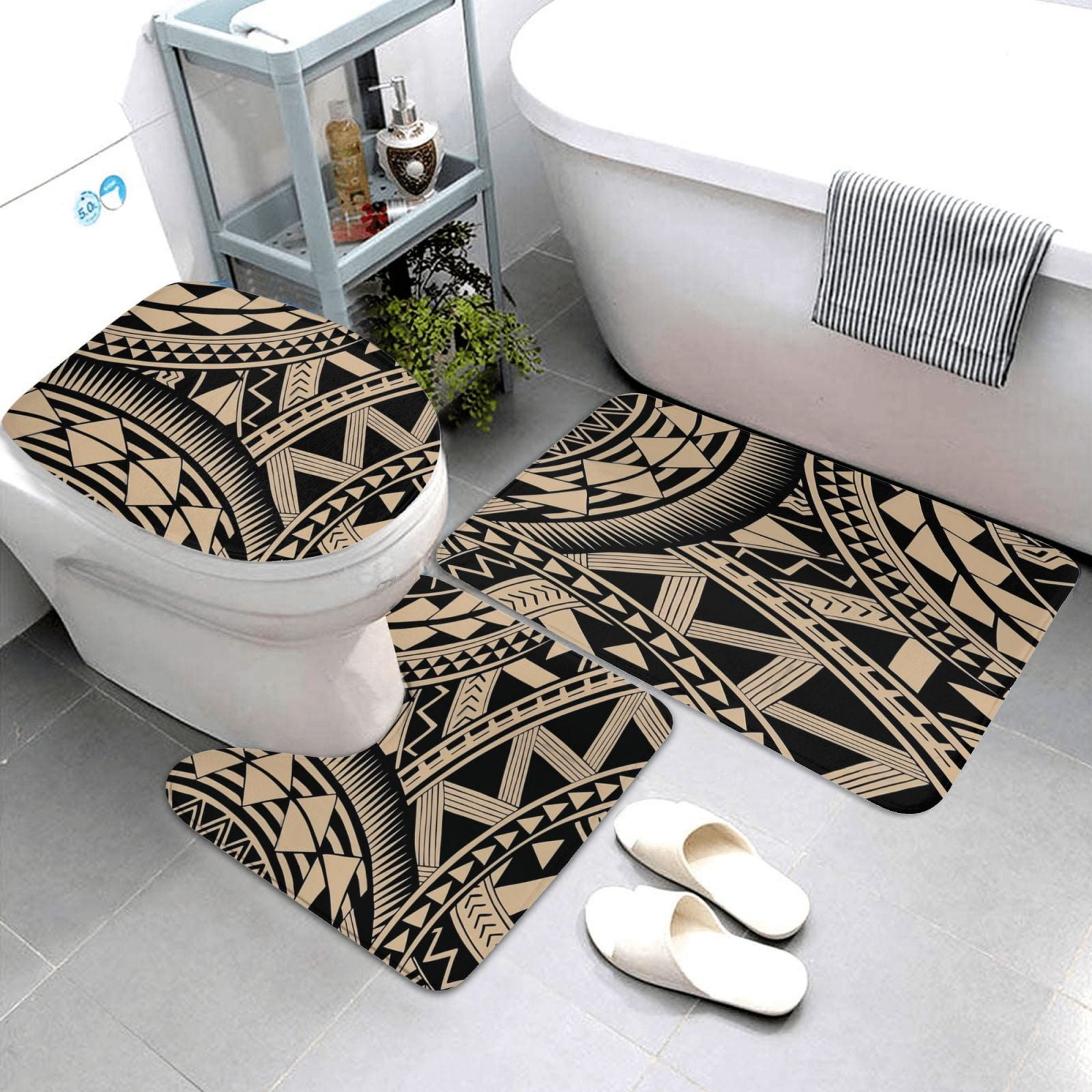 Polynesian samoan tattoo black tan design Bath Mat Set 3 Piece Non Slip ...