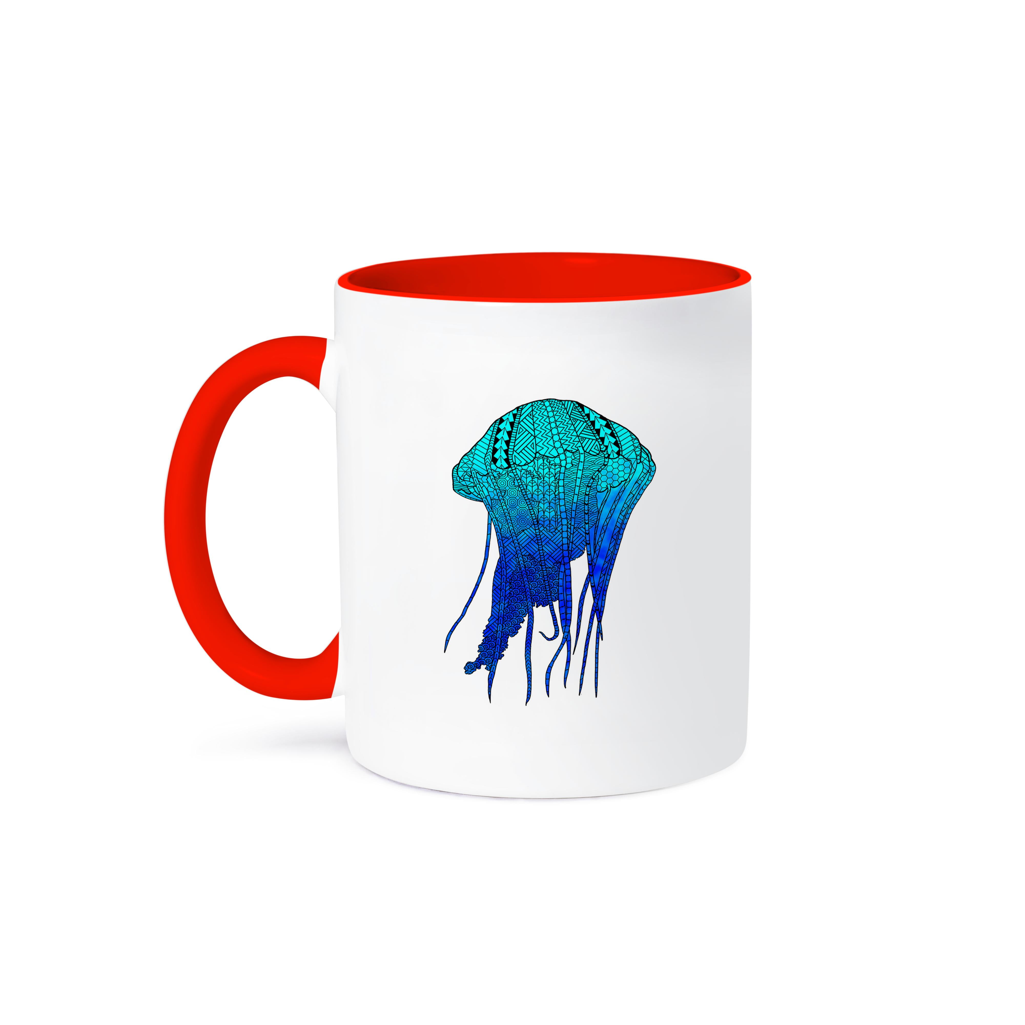 3dRose, Polynesian tribal tattoo style art of a jellyfish in ocean blue., 11oz Two-Tone Red Mug ...