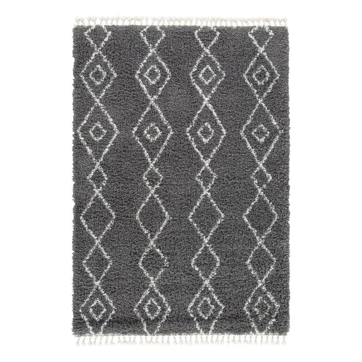 Polypropylene Rug with Tied Fringes and Diamond Pattern, Medium, Gray ...