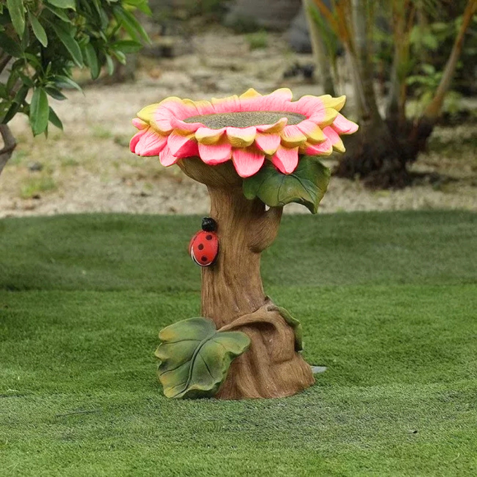 Polyresin Sunflower Bird Bath Brown Pedestal with Ladybutt for Outdoors ...
