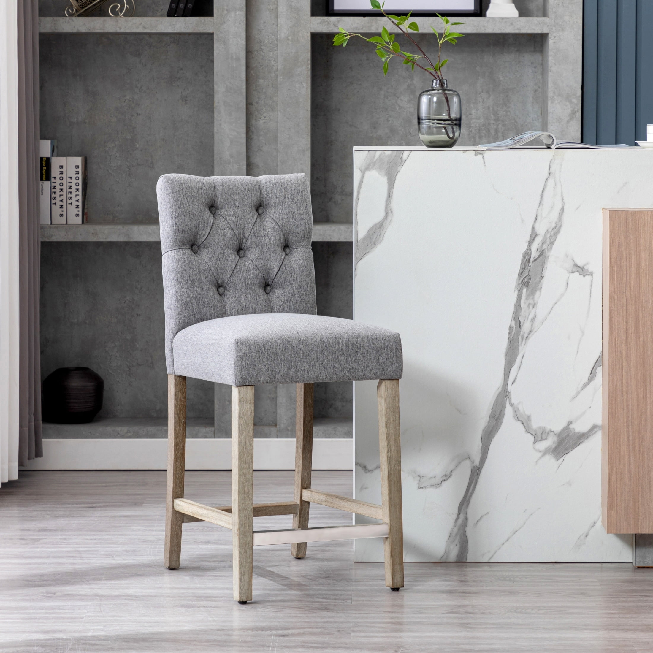 Polytrends Carter 24" Classic Button Tufted Counter Stool, Antique Gray ...