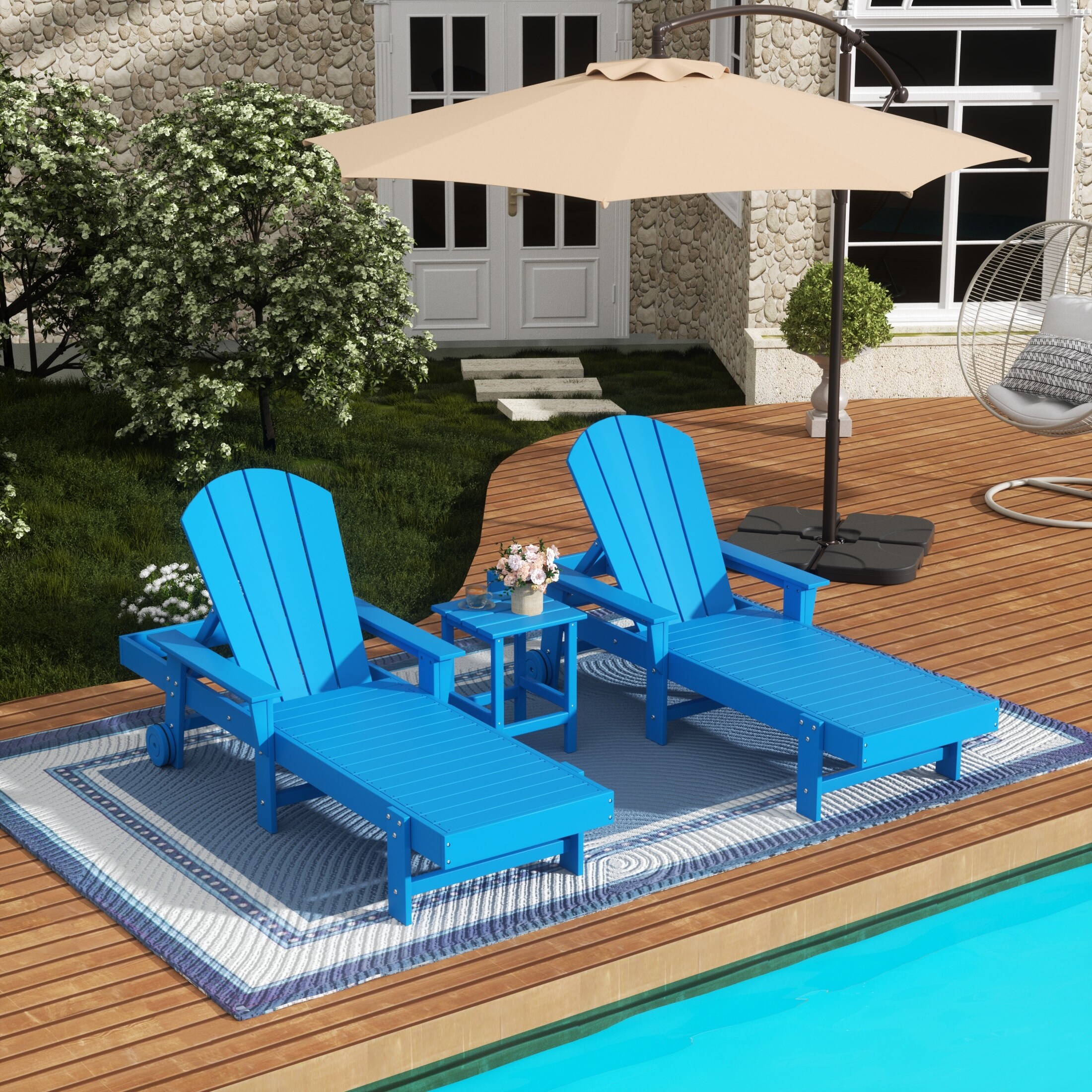 Polytrends Laguna All Weather Poly Pool Outdoor Chaise Lounge Set - with Square Side Table (3 ...