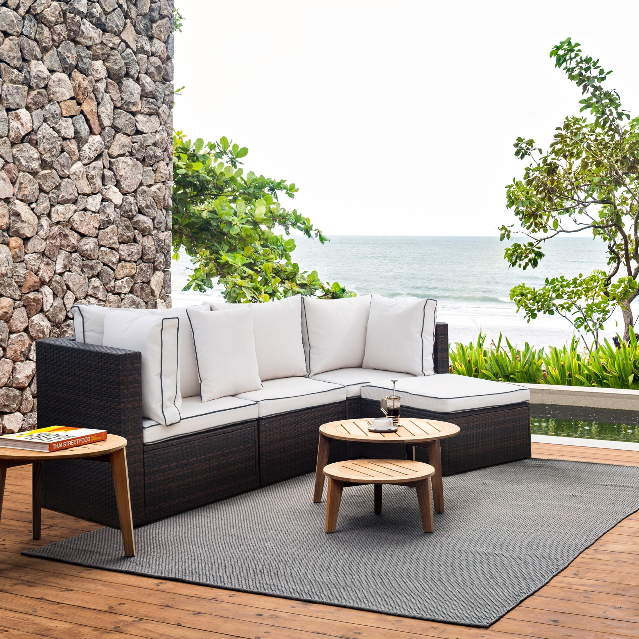 Westin Outdoor 4 Piece Rattan Wicker Patio Sofa Sectional Set with Back Cushions UV Weather Resistant Gray Navy Blue Walmart