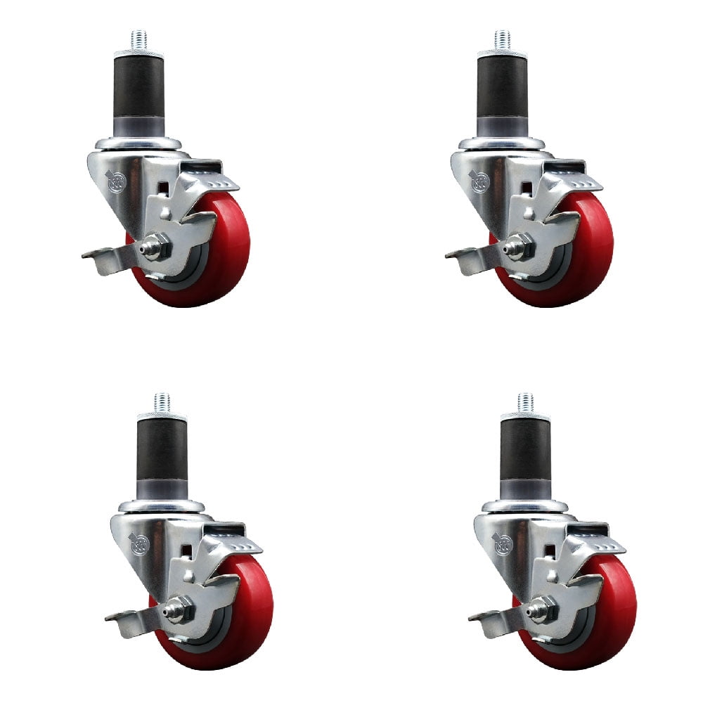 3.5 Inch Red Poly Swivel 1-5/8 Inch Expanding Stem Caster Set with ...