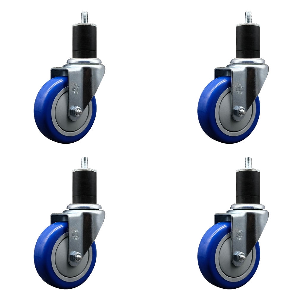 4 Inch Blue Poly Wheel Swivel 1-3/4 Inch Expanding Stem Caster Set SCC ...