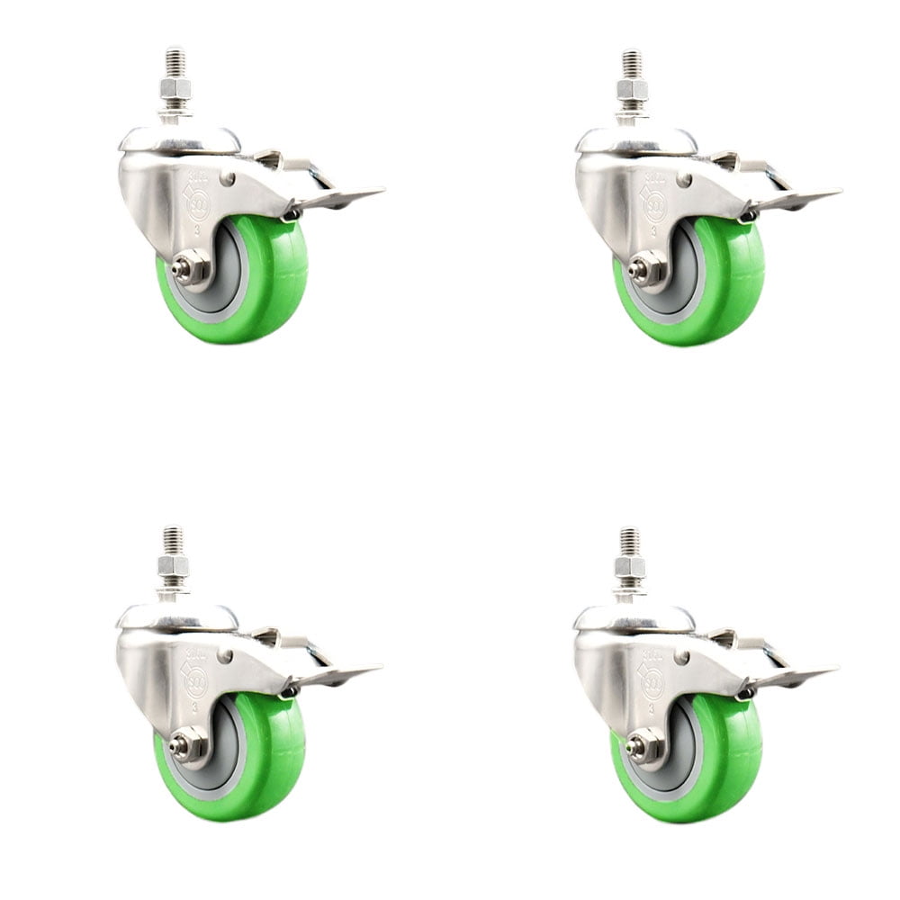 Polyurethane Swivel Stem Caster Set of 4 with 3.5 Inch Green Caster ...