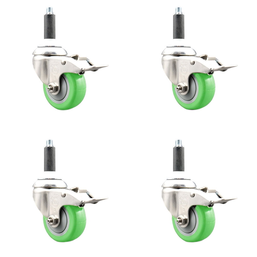 Polyurethane Swivel Stem Caster Set of 4 with 3.5 Inch Green Caster ...