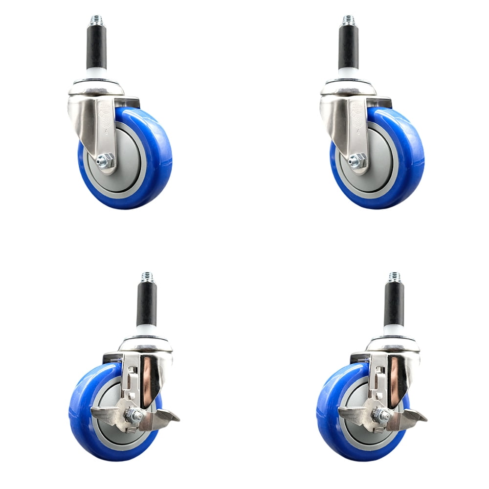 4 Inch 316SS Blue Poly Swivel 7/8 Inch Expanding Stem Caster Set 2 ...