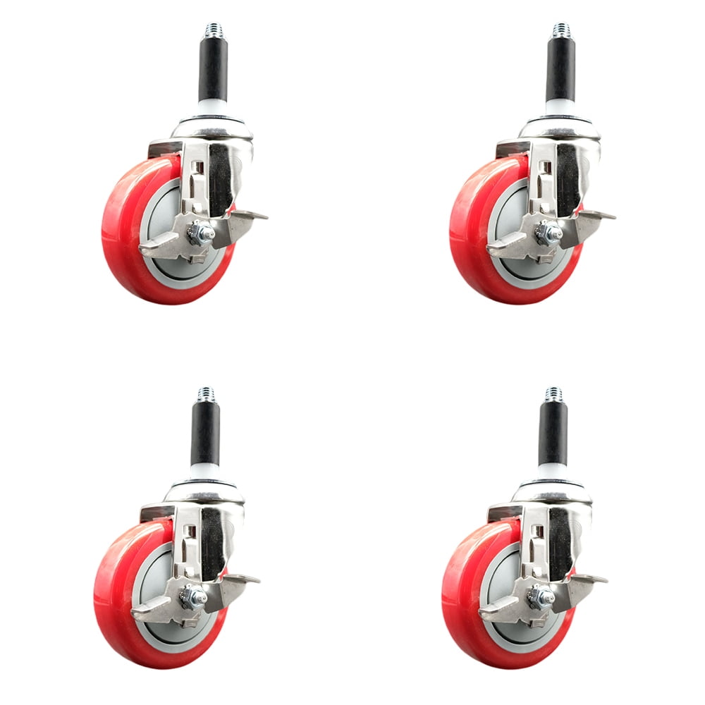 4 Inch 316SS Red Poly Swivel 7/8 Inch Expanding Stem Caster Set Brake ...