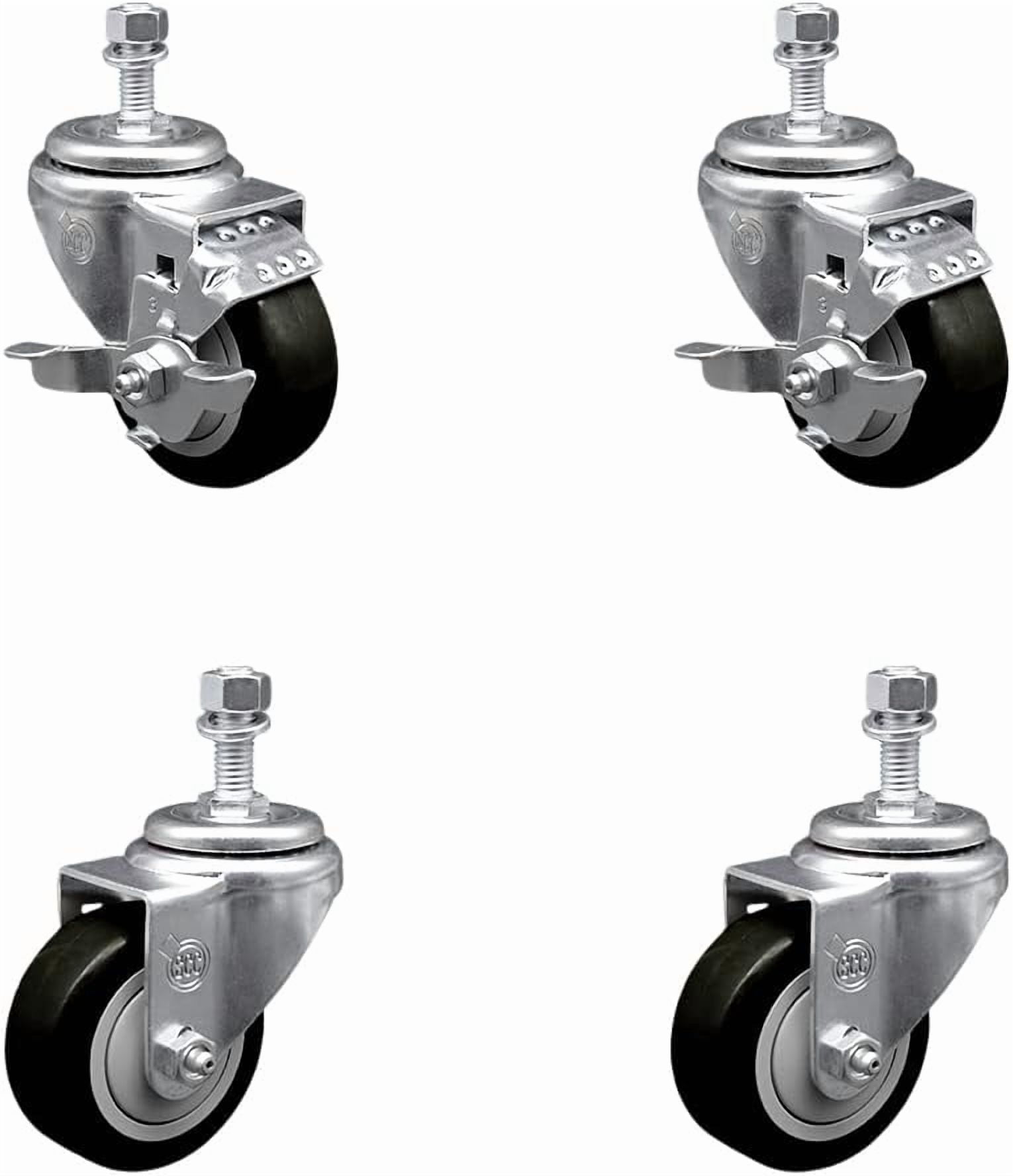 Polyurethane Swivel Threaded Stem Caster Set of 4 w/3" x 1.25" Black Wheels and 1/2" Stems ...
