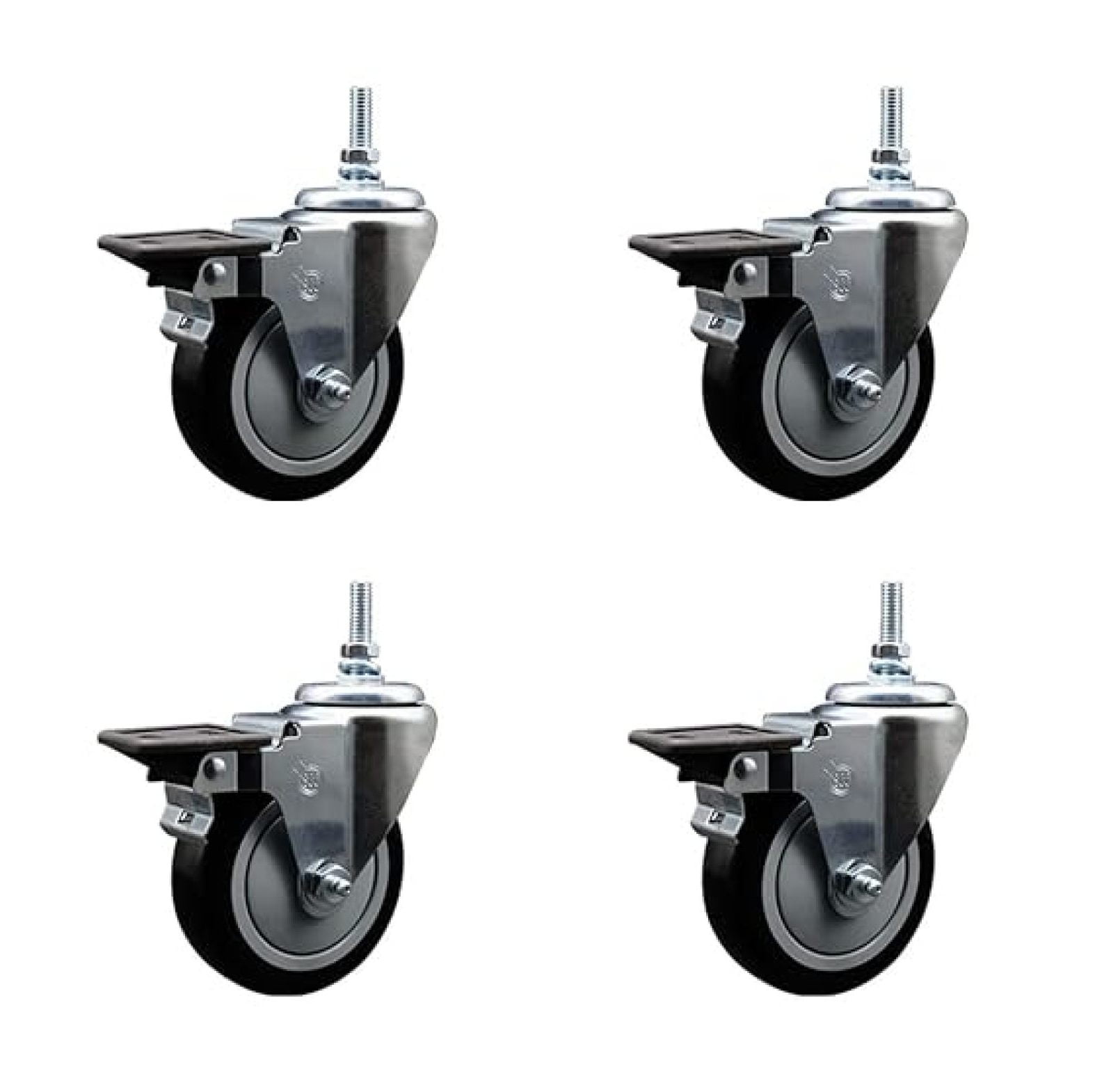 Polyurethane Swivel Threaded Stem Caster Set of 4 w/4" x 1.25" Black Wheels and 3/8" Stems ...