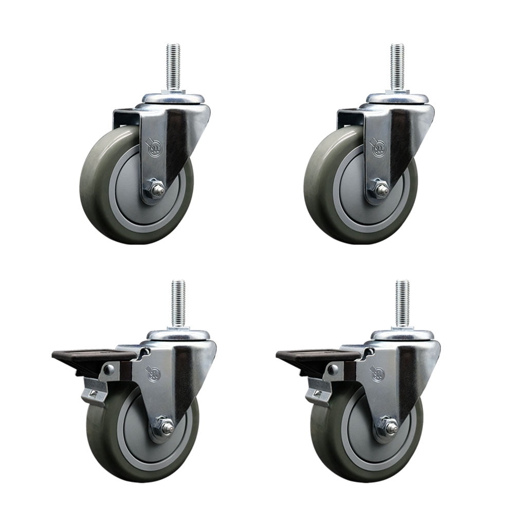4 Inch Gray Poly Wheel Swivel 5/8 Inch Threaded Stem Caster Set 2 ...