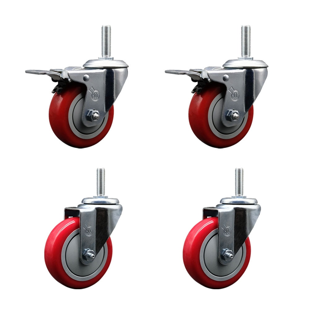 4 Inch Red Poly Swivel 3/4 Inch Threaded Stem Caster Set with Total ...