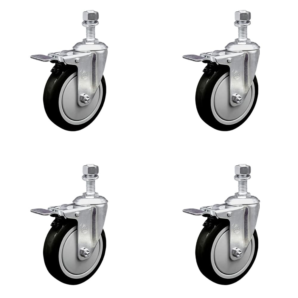 Polyurethane Swivel Threaded Stem Caster Set of 4 w/5" x 1.25" Black Wheels and 1/2" Stems ...