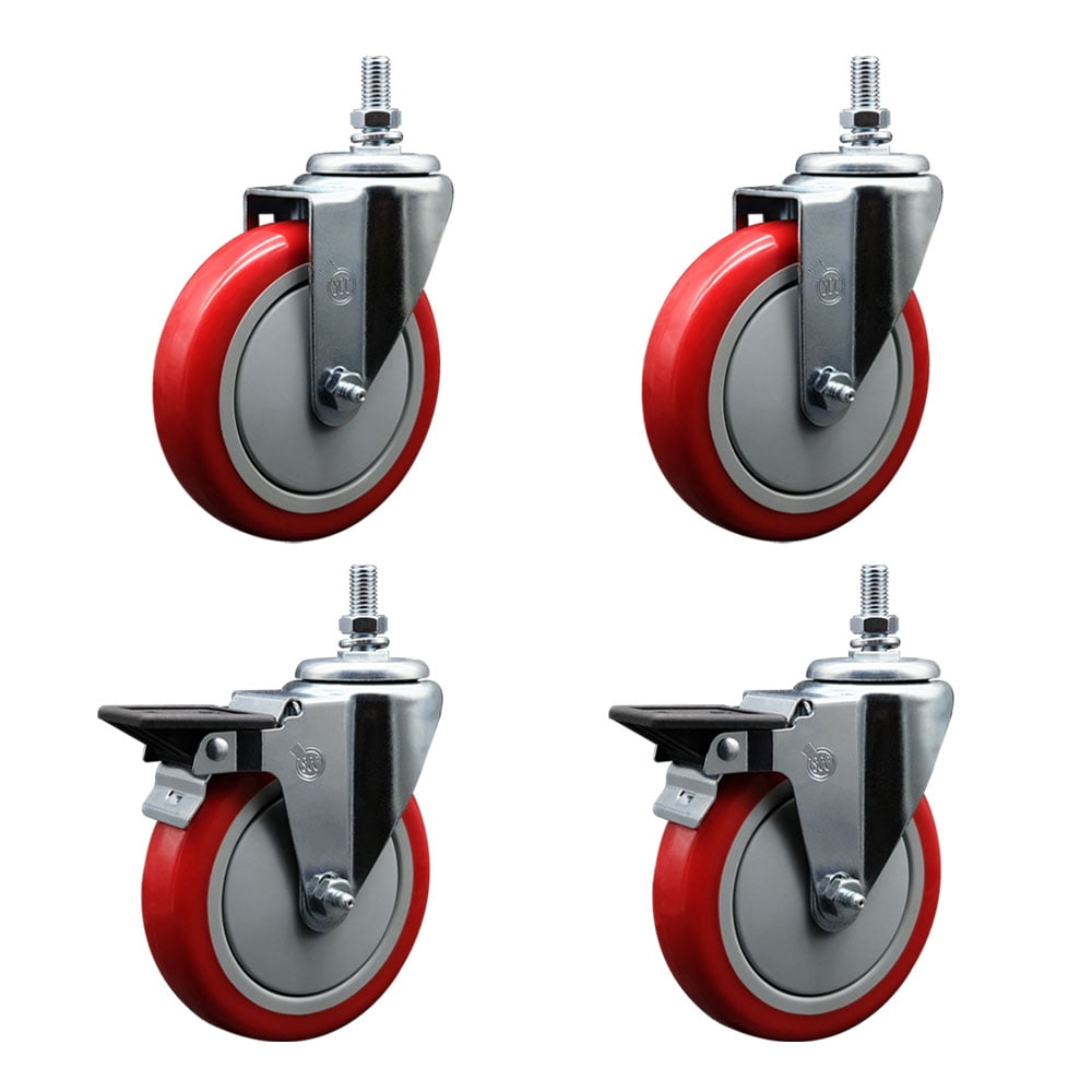 Polyurethane Swivel Threaded Stem Caster Set of 4 w/5" x 1.25" Red ...