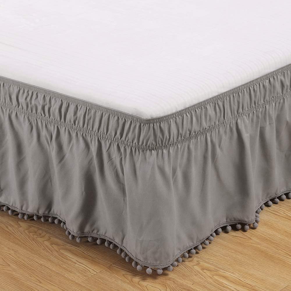 Pom Pom Bed Skirt with Adjustable Elastic Belt, Easy Wrap Around Dust ...