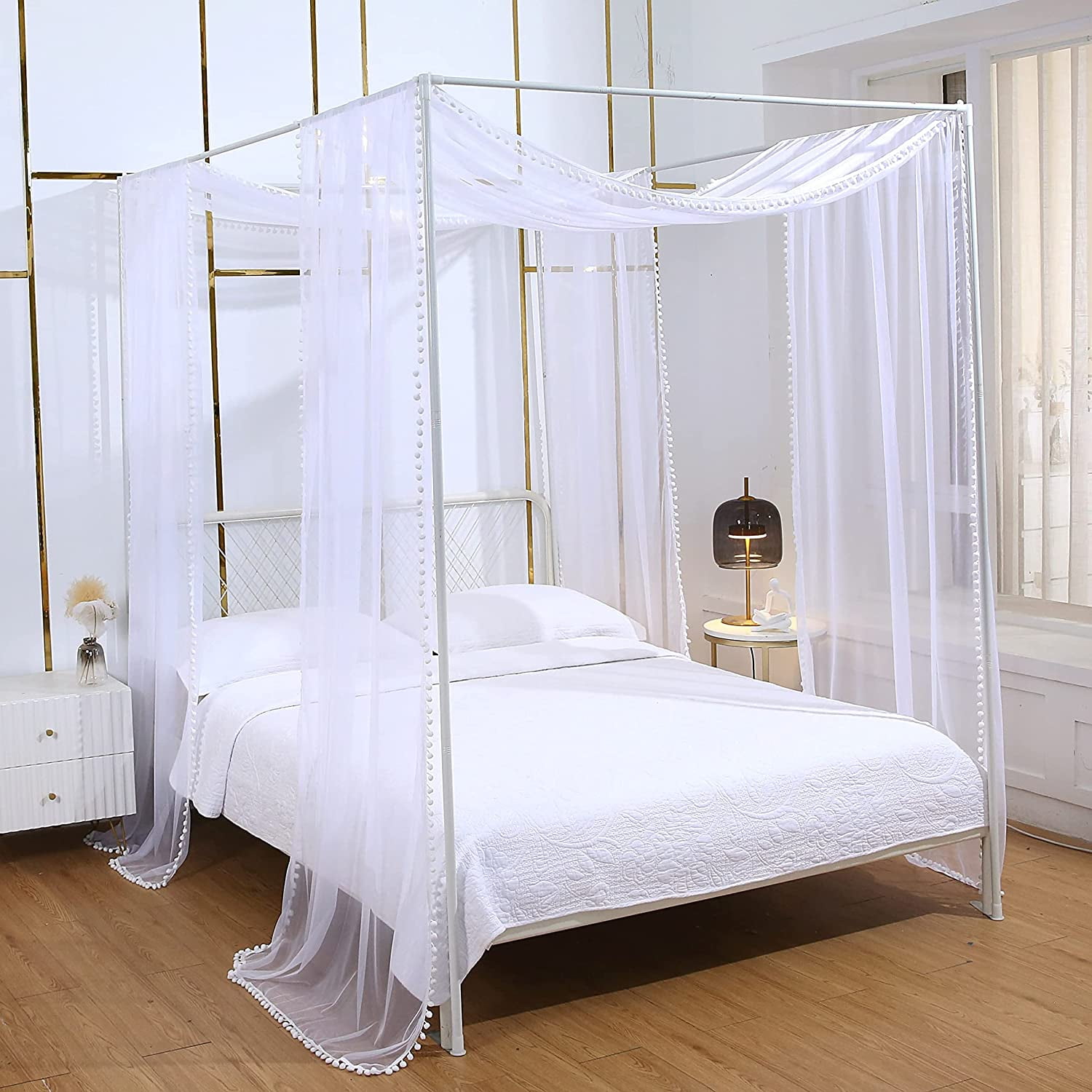 Pom Pom Canopy Bed Curtains Princess Bed Canopy Scarf for Full/Queen Metal Bed Frame,Wood Frame ...
