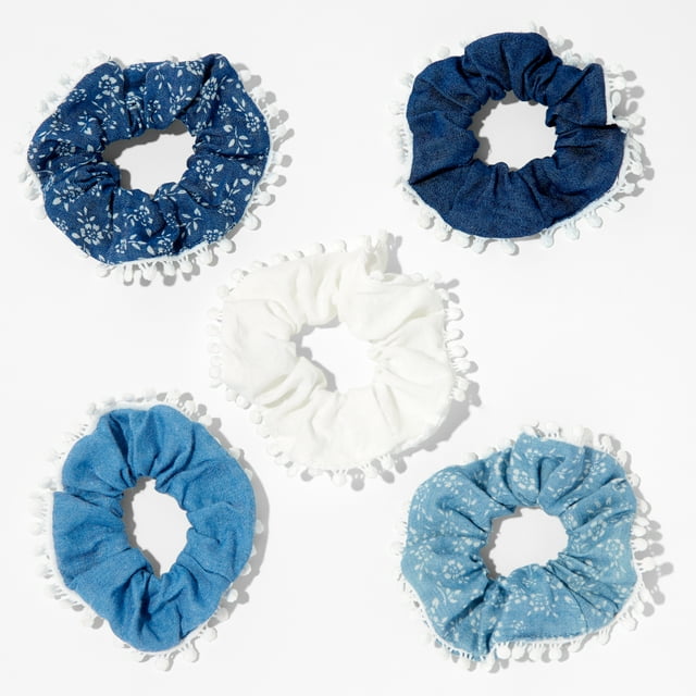 Pom Pom Trim Denim Hair Scrunchies - 5 Pack - Walmart.com
