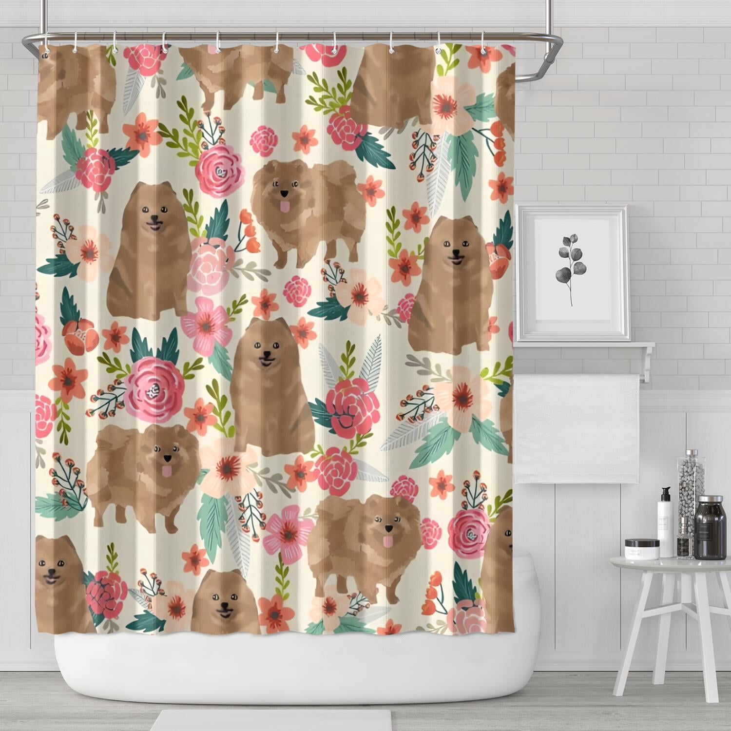 Pomeranian Dogs and Flowers Shower Curtain 84x72in ,Bathroom Decorative ...