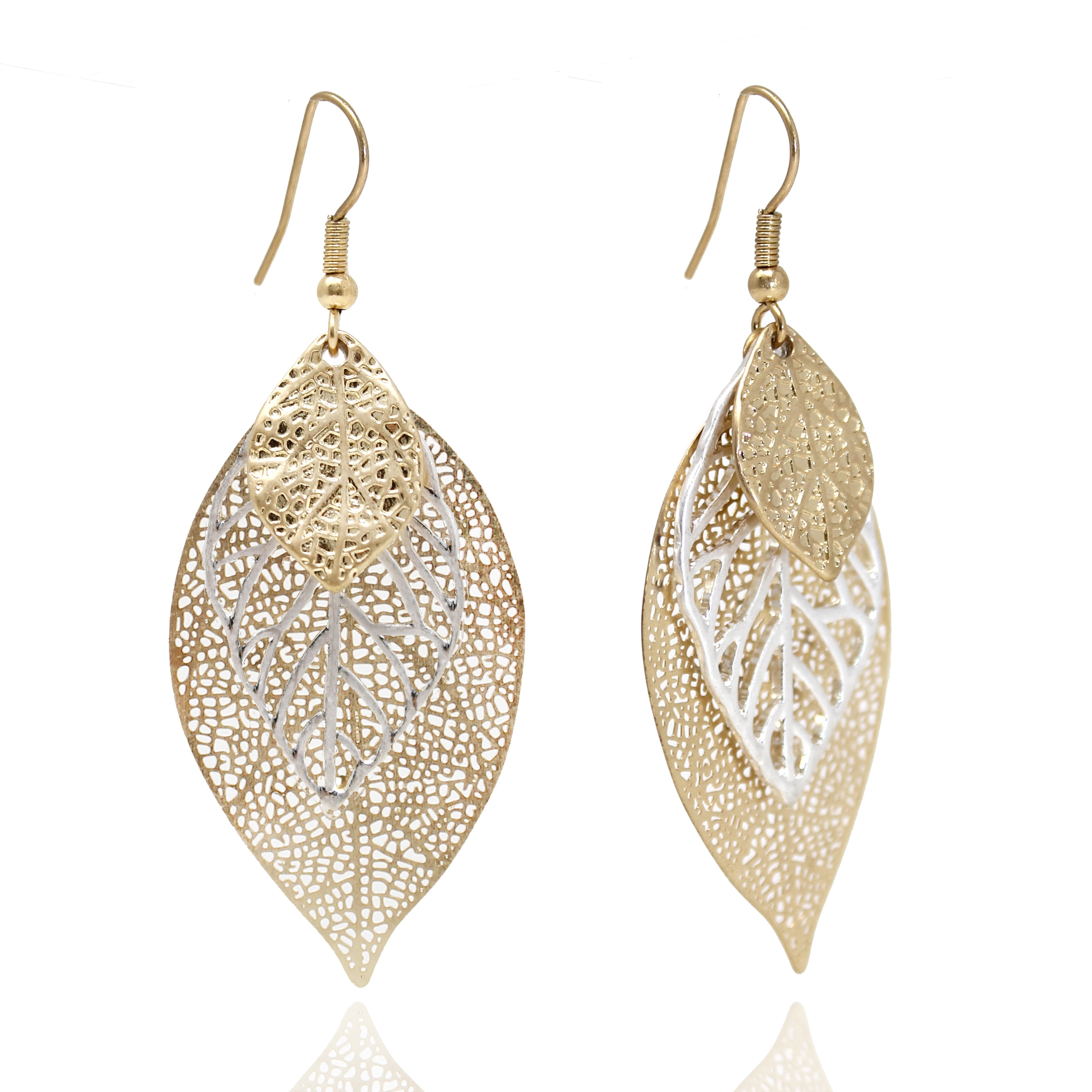 Pomina Choco Gold Fashion Fall Leaf Boho Earrings Gold Silver Two Tone Filigree Leaf Dangle Drop ...