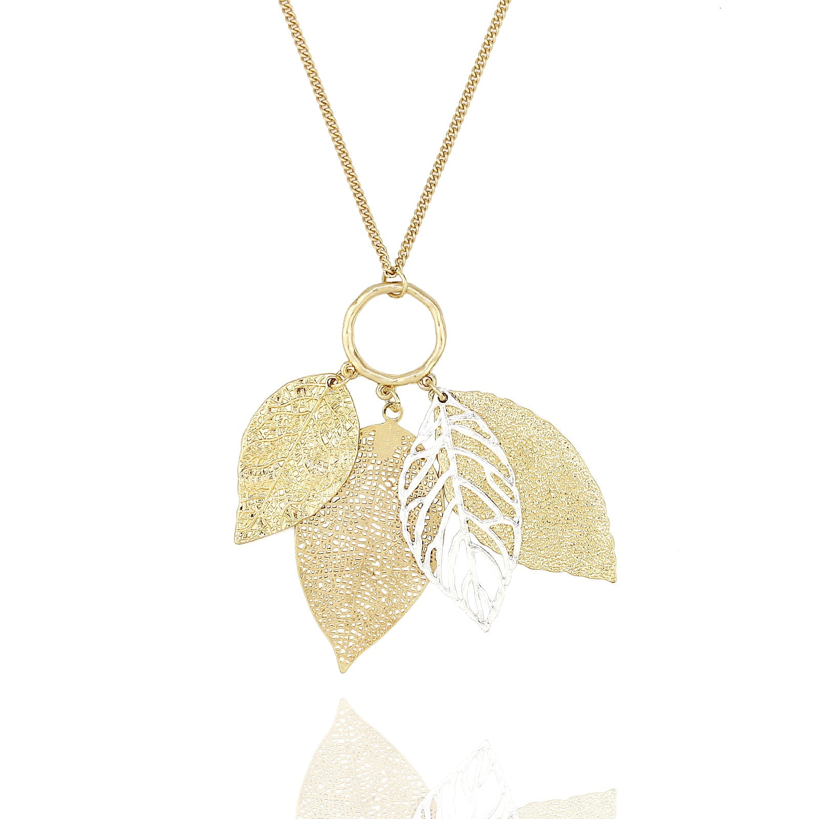 Pomina Gold Silver Two Tone Filigree Fall Leaf Pendant Long Necklace ...