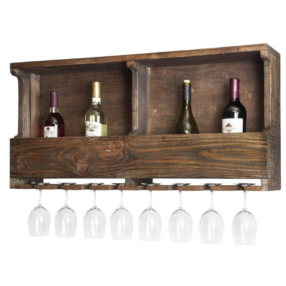 Pomona Wall-Mounted Solid Pine/Solid Wood Wine Rack with Glass Holder and Shelf Ledge, Rustic ...