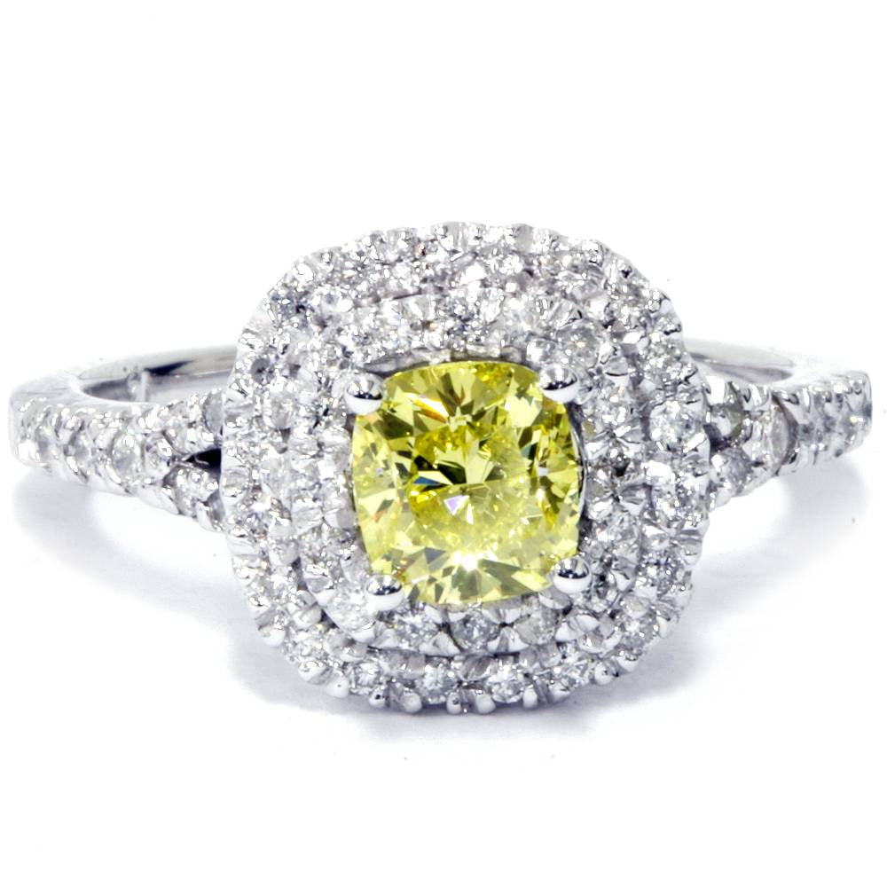 Pompeii3 1 1/2Ct Canary Cushion Diamond Double Halo Engagement Ring 14K White Gold - Walmart.com