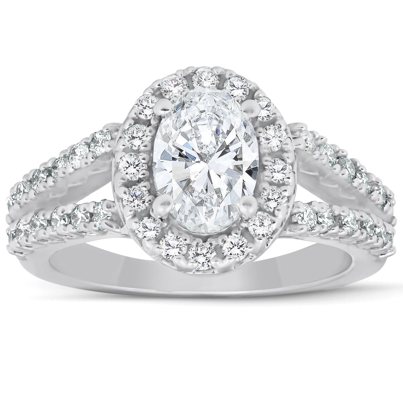Pompeii 1 1/2Ct Oval (1ct Center) Diamond Halo Engagement Ring Lab Grown 14k White Gold ...