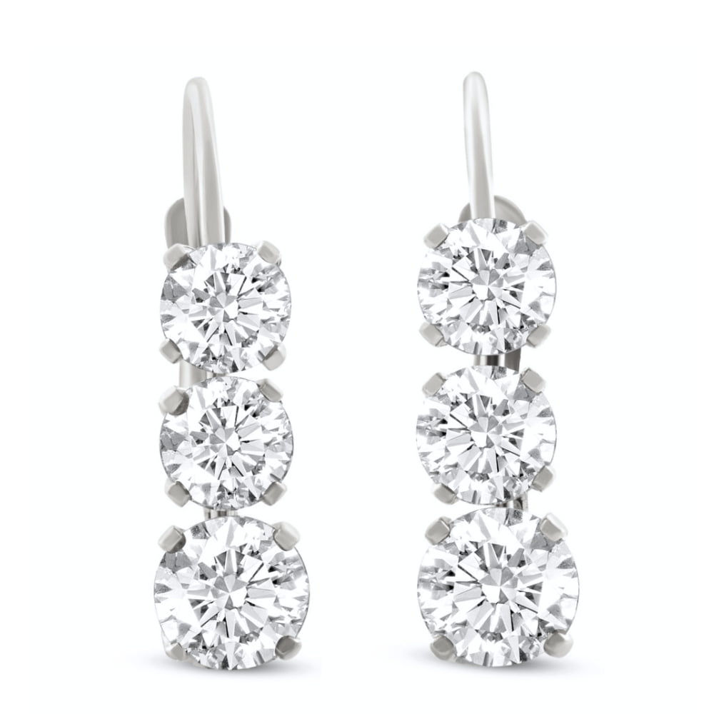Pompeii 1 1/2Ct 3-Stone Diamond Leverback Hoops Women's Earrings 14k ...