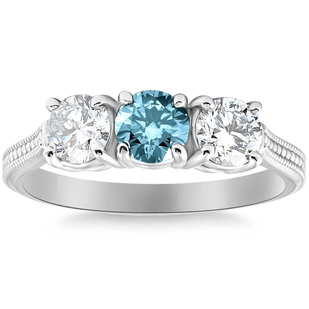 Pompeii 1 1/2Ct Blue Diamond 3-Stone Accent Engagement Ring in Gold Lab ...