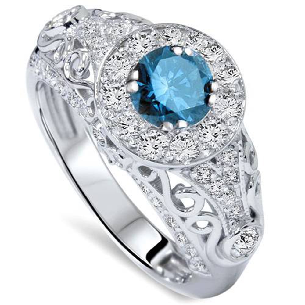Pompeii 1 1/2ct Blue Diamond Vintage Engagement Ring 14K White Gold (H ...