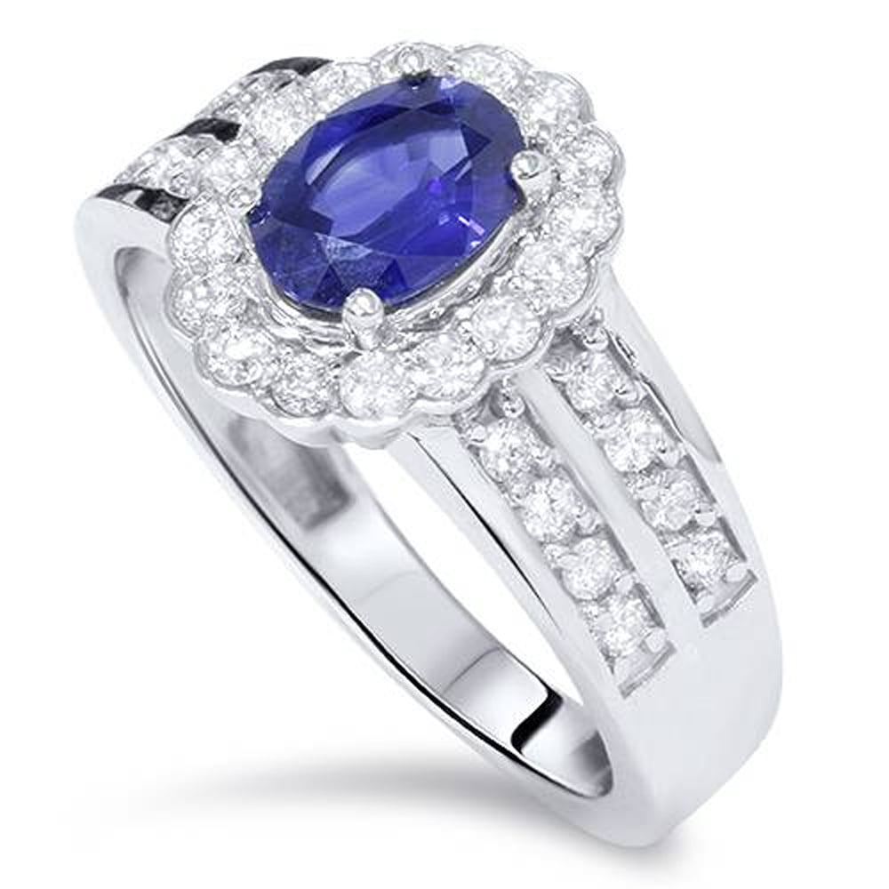 Pompeii 1 1/2ct Oval Sapphire Diamond Halo Ring 14K White Gold (,SI2-I1 ...