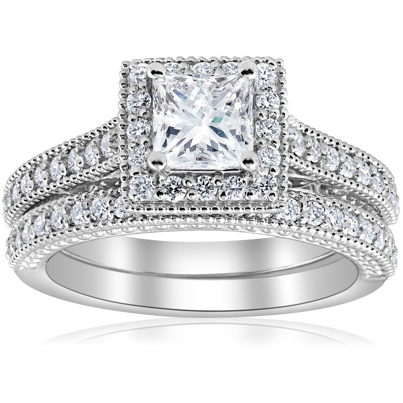 Pompeii 1 1/2ct Princess Cut Halo Vintage Diamond Engagement Ring 14k White Gold (G,SI ...
