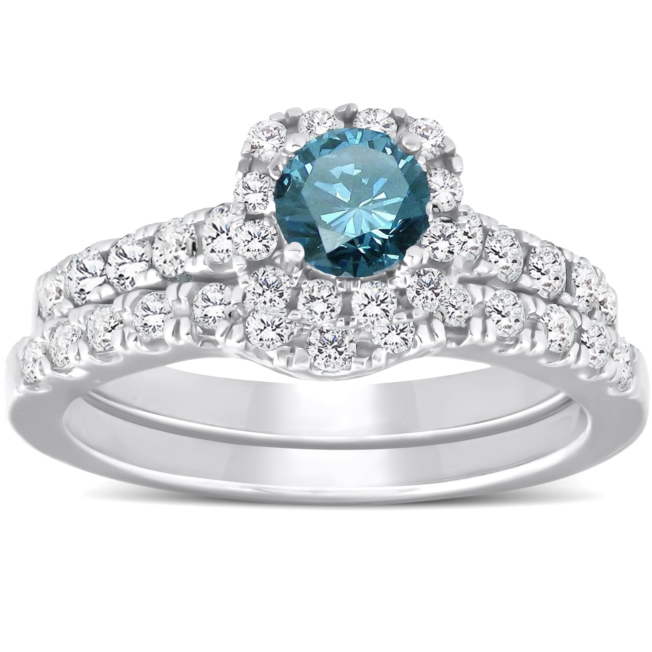 Pompeii 1 1/4ct Cushion Halo Blue Diamond Engagement Ring Set 14K White ...