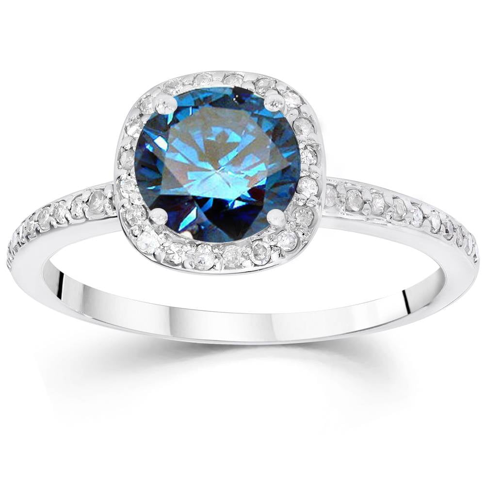 Pompeii 1 1/6ct Blue Diamond Cushion Halo Engagement Ring 14K White ...