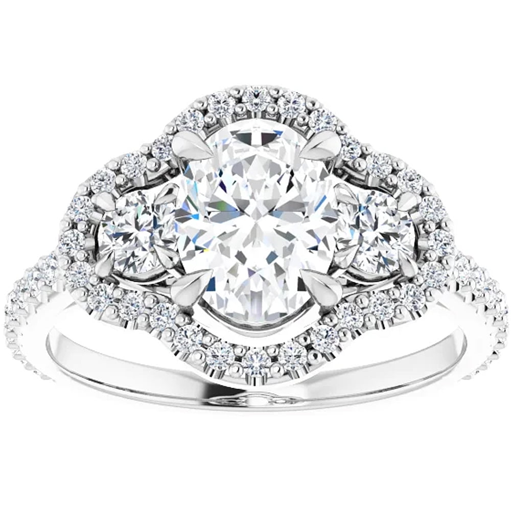 Pompeii 1 3/4 Ct Three Stone Halo Diamond & Oval Moissanite Engagement ...
