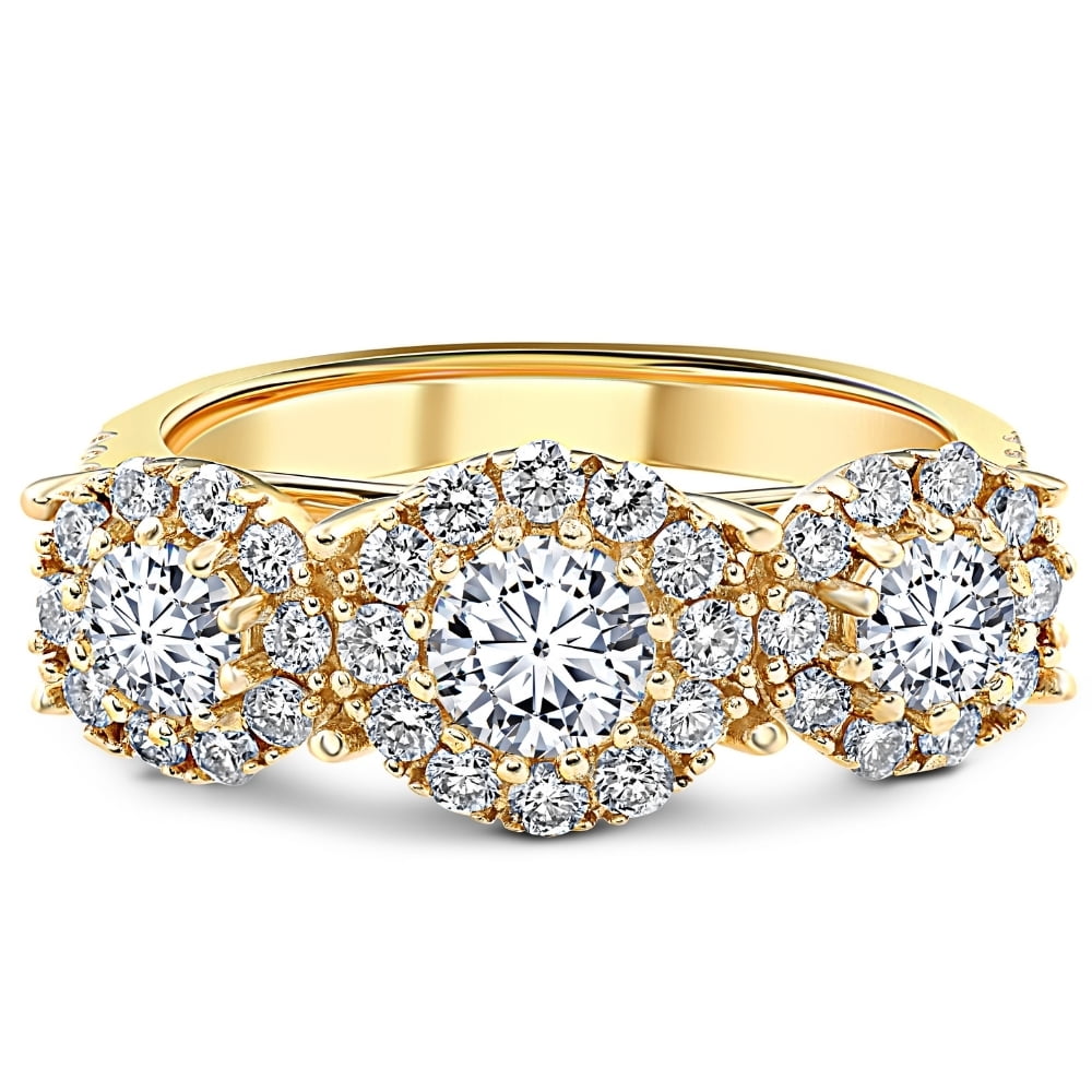 Pompeii 1 3/8 Ct Diamond Three Stone Halo Pave Engagement Ring Yellow Gold (G/H,I1-I2) - Walmart.com