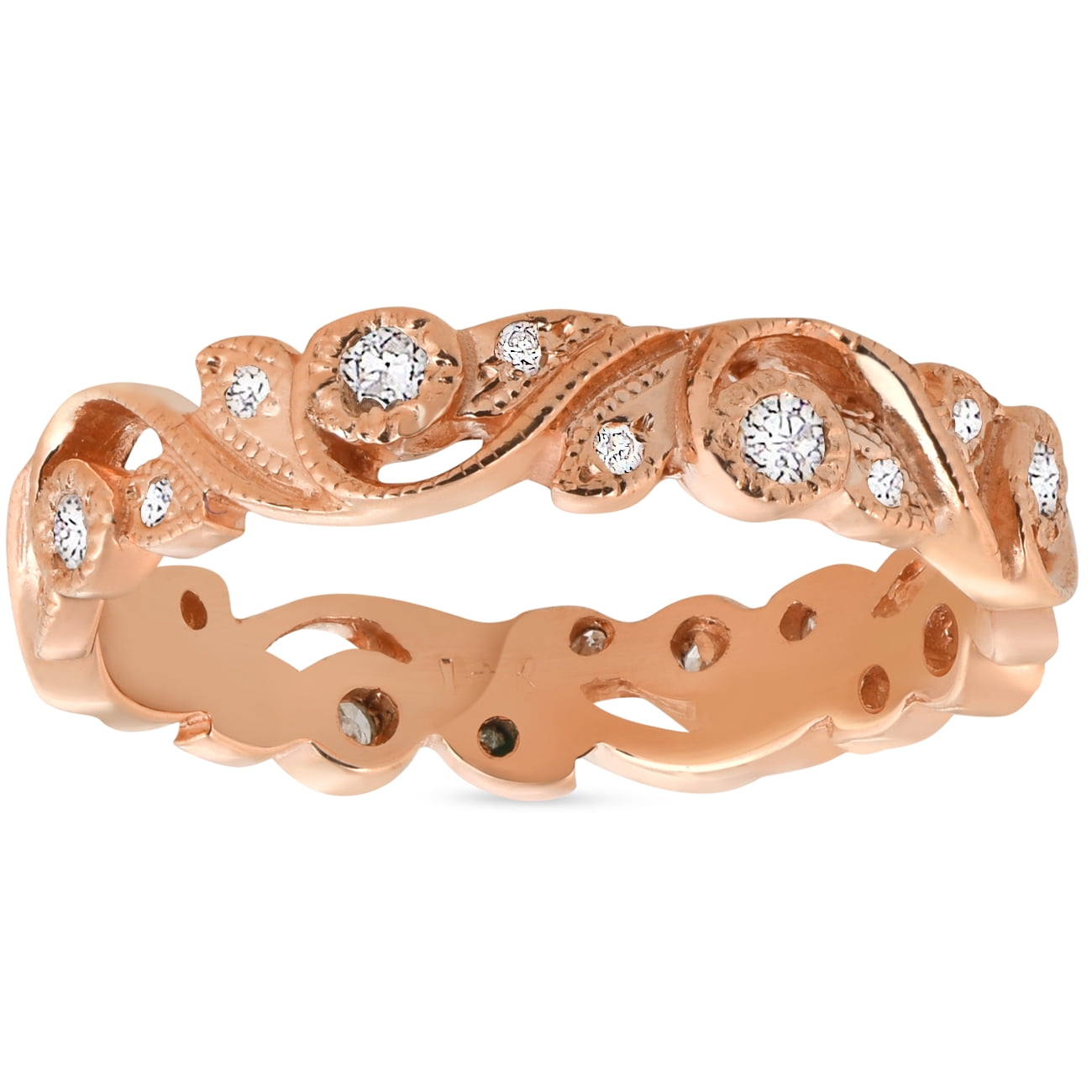 Pompeii 1/4ct Diamond Eternity Ring 14k Rose Gold Scroll Vintage Leaf ...