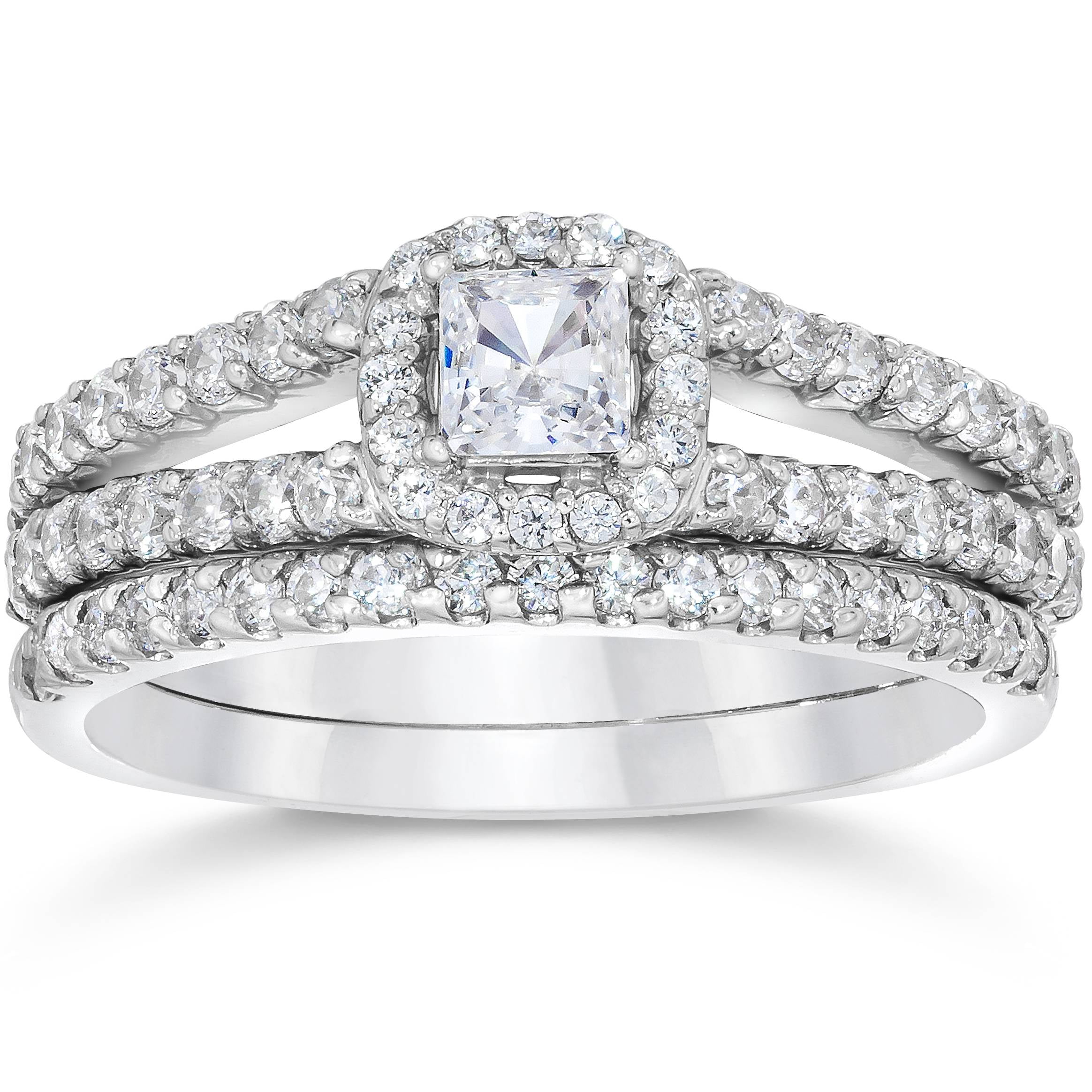 Pompeii 1 Carat Princess Cut Diamond Halo Engagement Wedding Ring Set ...