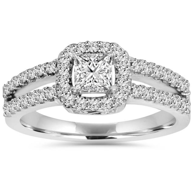 Pompeii 1 Carat Princess Cut Split Shank Halo Diamond Engagement Ring 14K White Gold - Walmart.com
