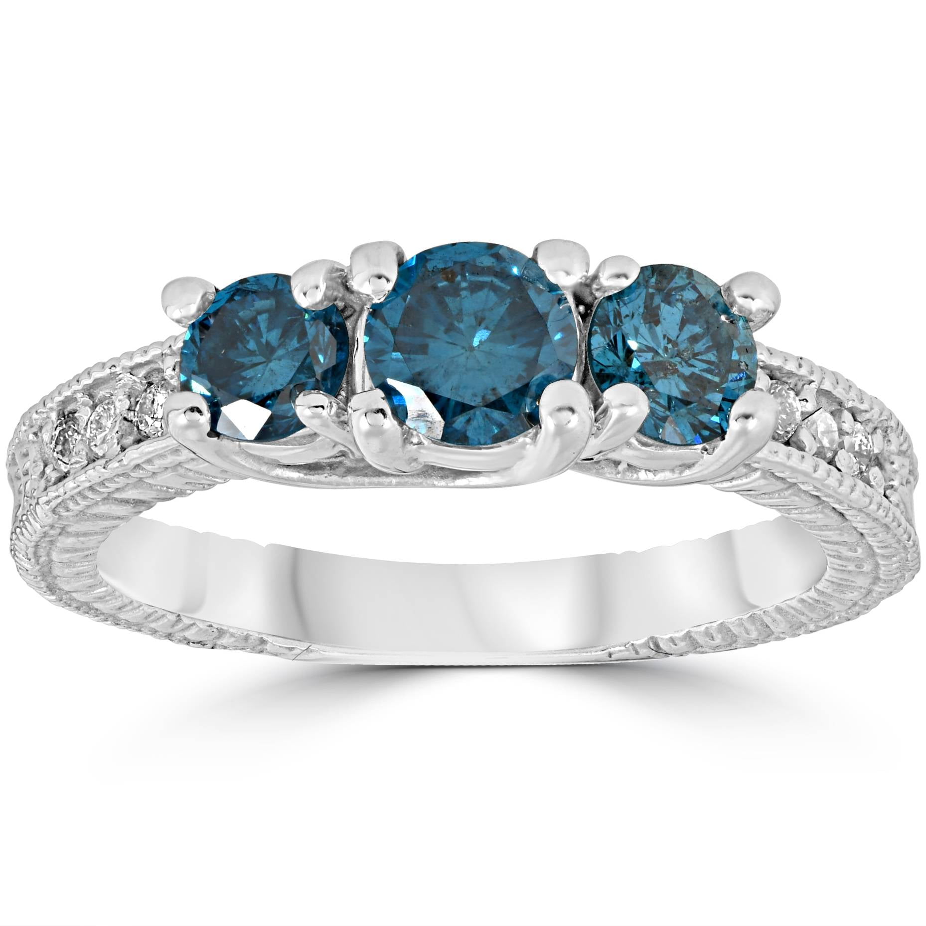 Pompeii 1 Carat Treated Blue Diamond Vintage 3 Stone Ring 10K White ...