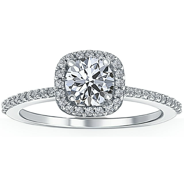 Pompeii 1 Ct Cushion Halo Diamond & Moissanite Engagement Ring 14k White Gold Lab Grown ...