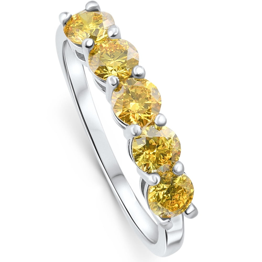 Pompeii 1Ct Fancy Yellow Diamond Five Stone Wedding Ring 14k Gold Lab ...
