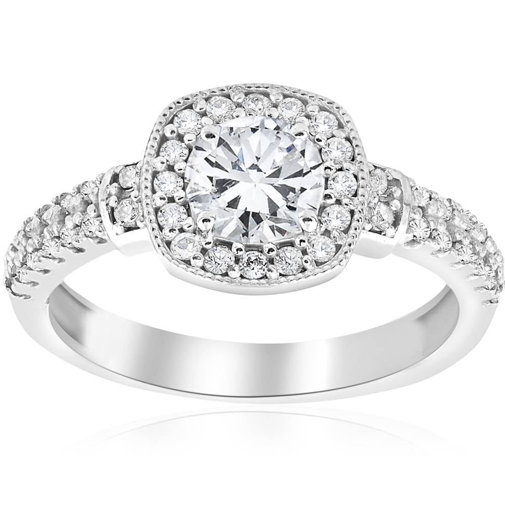 Pompeii 1ct Diamond Pave Cushion Halo Vintage Engagement Ring 14K White Gold (G/H,I1-I2 ...