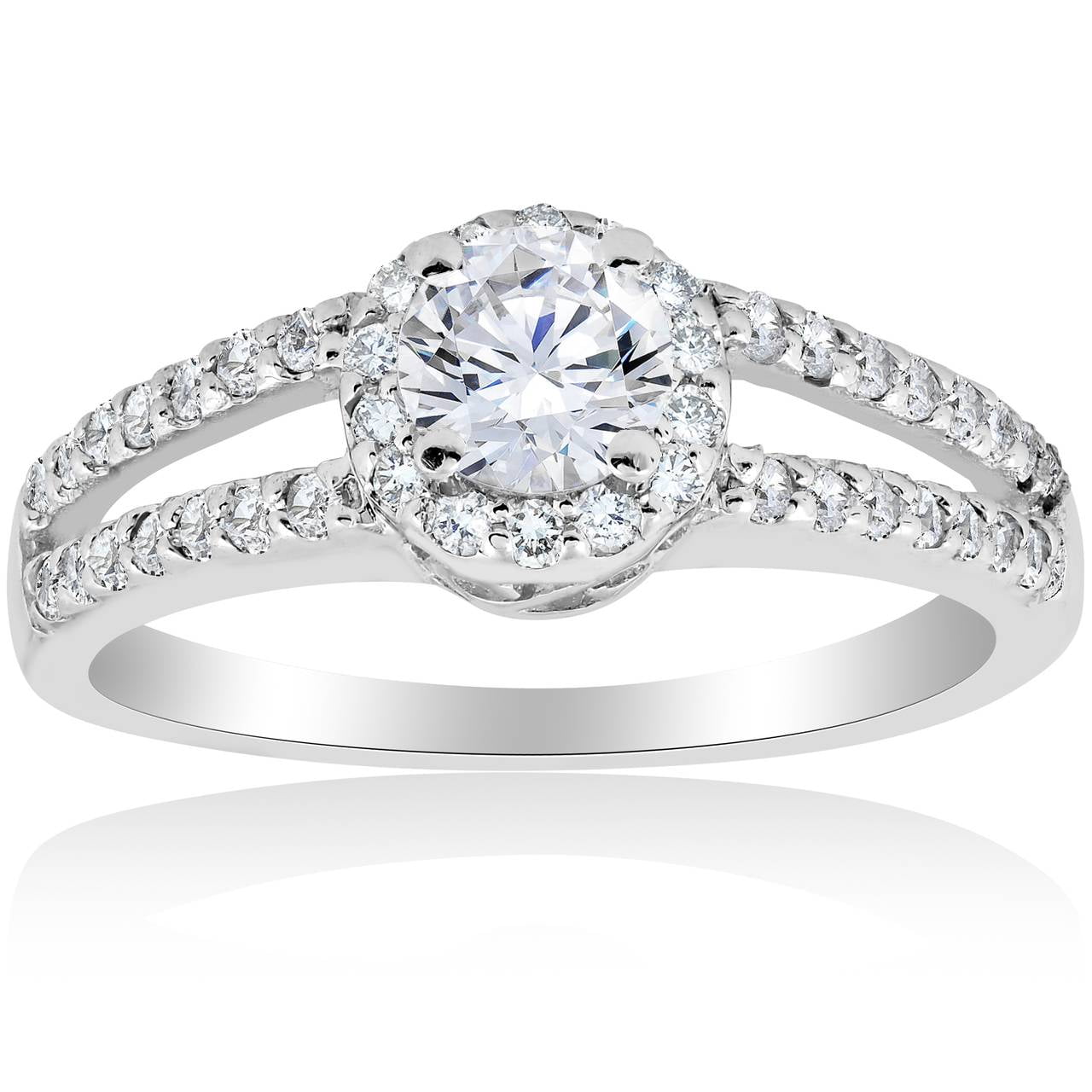 Pompeii 1ct Halo Split Shank Diamond Vintage Halo Engagement Ring 14K White Gold (G/H,I1 ...